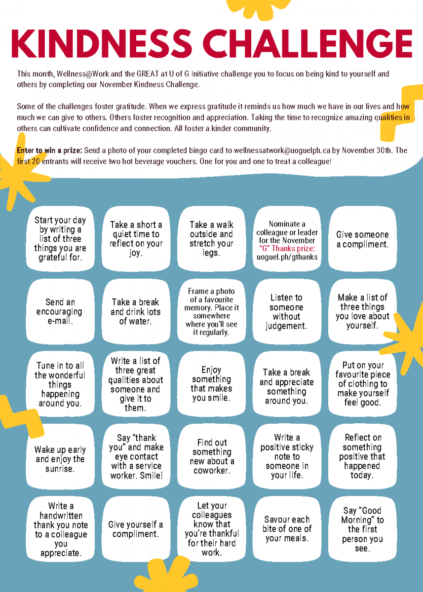 Kindness Bingo Challenge: Enter to win a hot beverage for yourself and a colleague! | Wellness@Work
